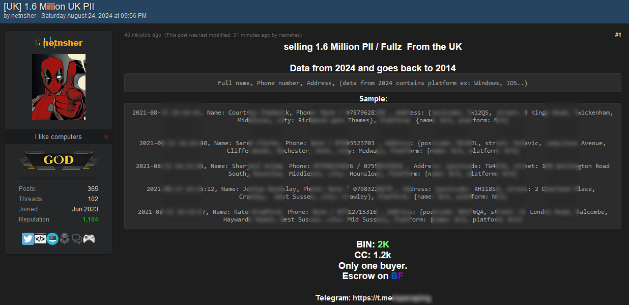 netnsher is Allegedly Selling 1.6 Million PII/Fullz from the UK