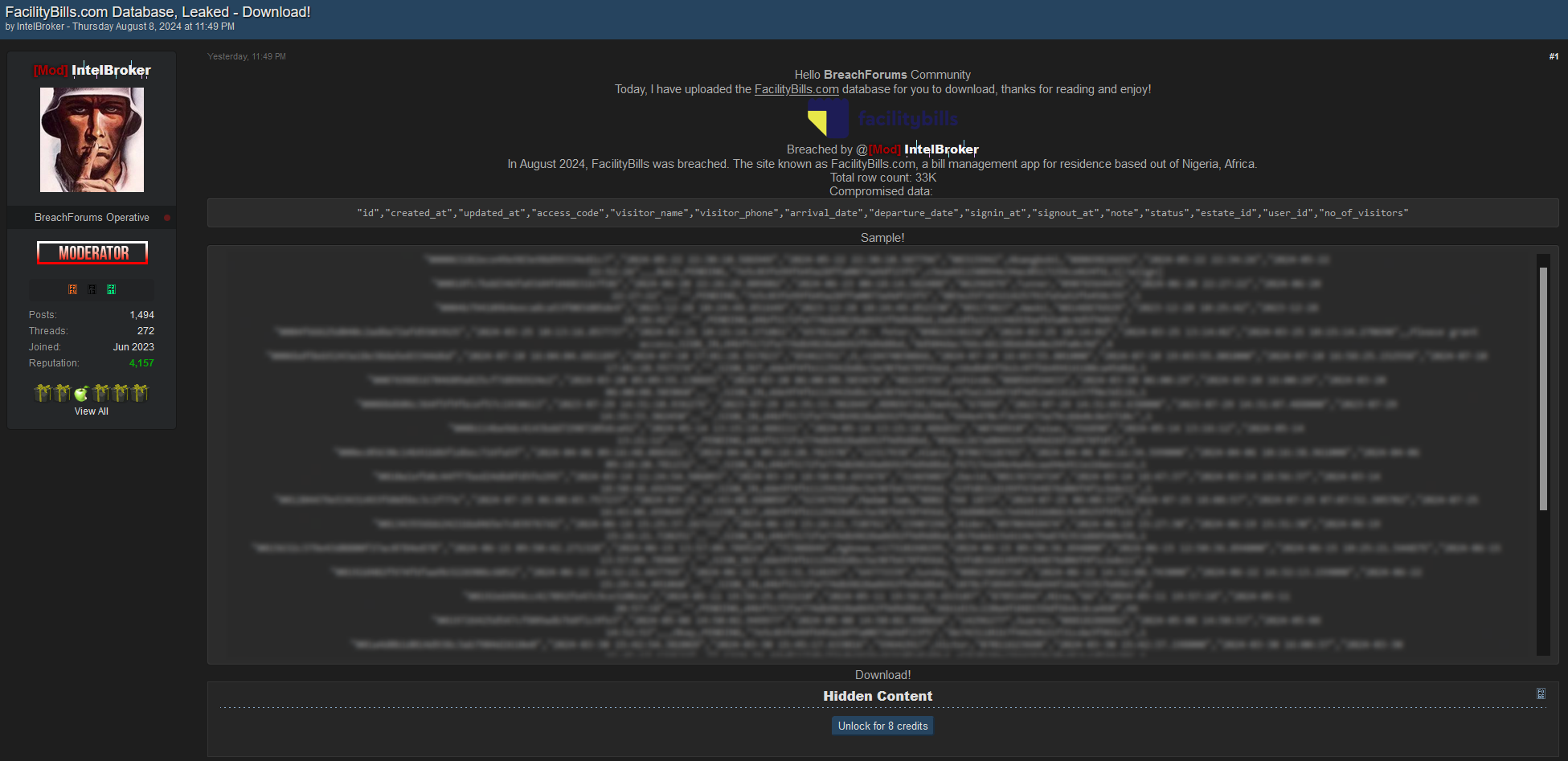 IntelBroker Has Allegedly Leaked the Database of Facility Bills