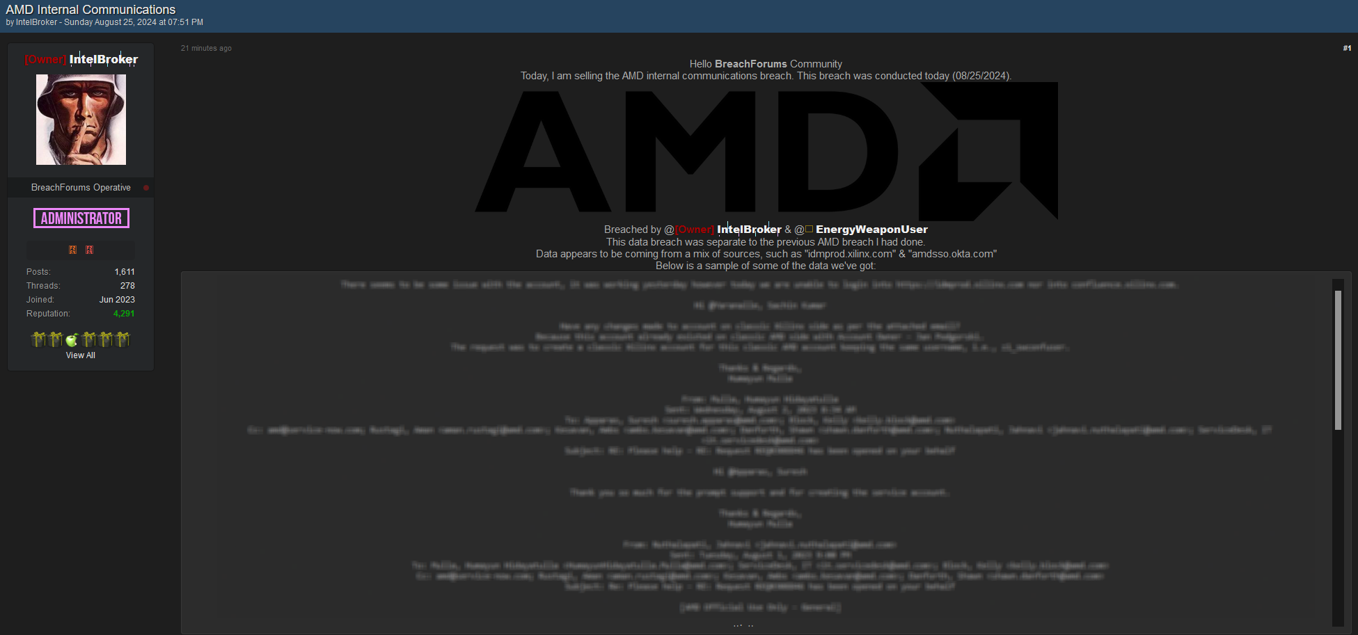 IntelBroker and EnergyWeaponUser are Selling AMD Internal Communications