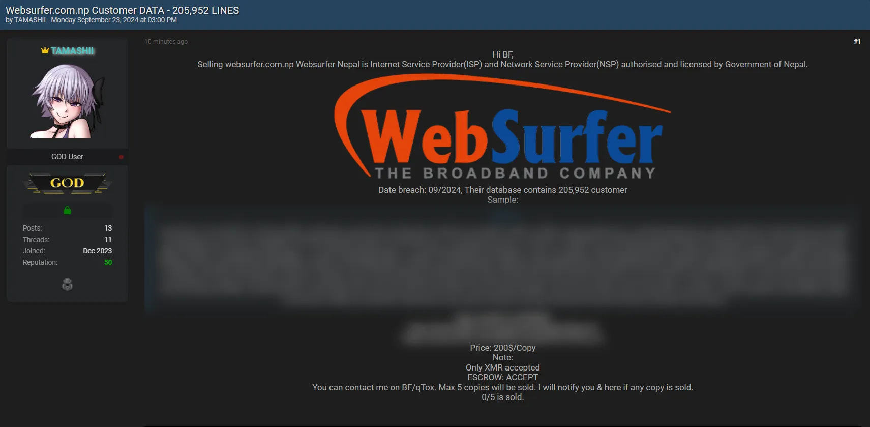 A Threat Actor Allegedly is Selling Websurfer Nepal Customers Data