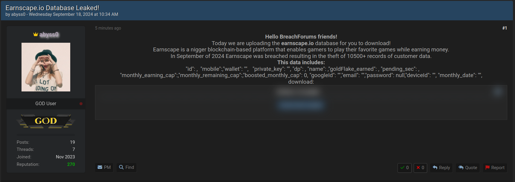 A Threat Actor Allegedly Leaked the Database of Earnscape