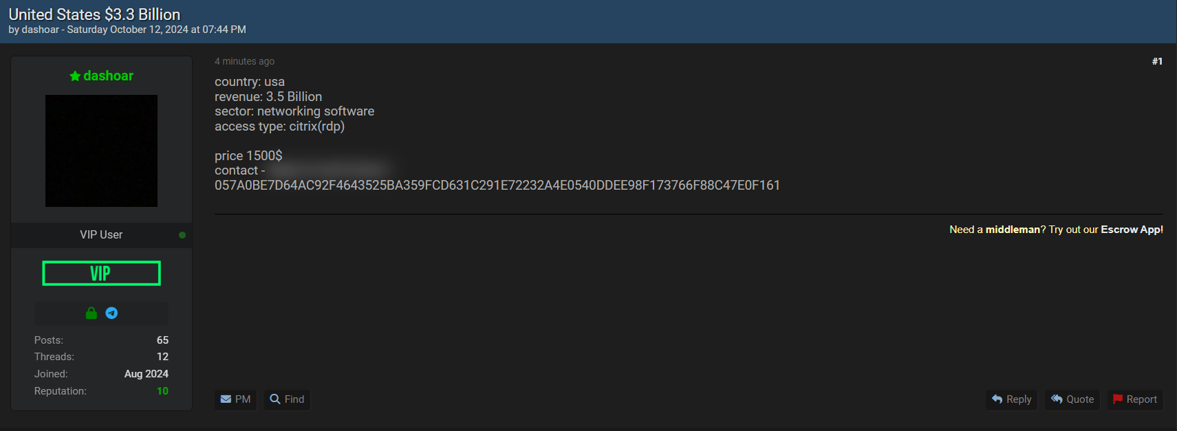 A Threat Actor is Selling RDP Access to an Unidentified US Company with ...