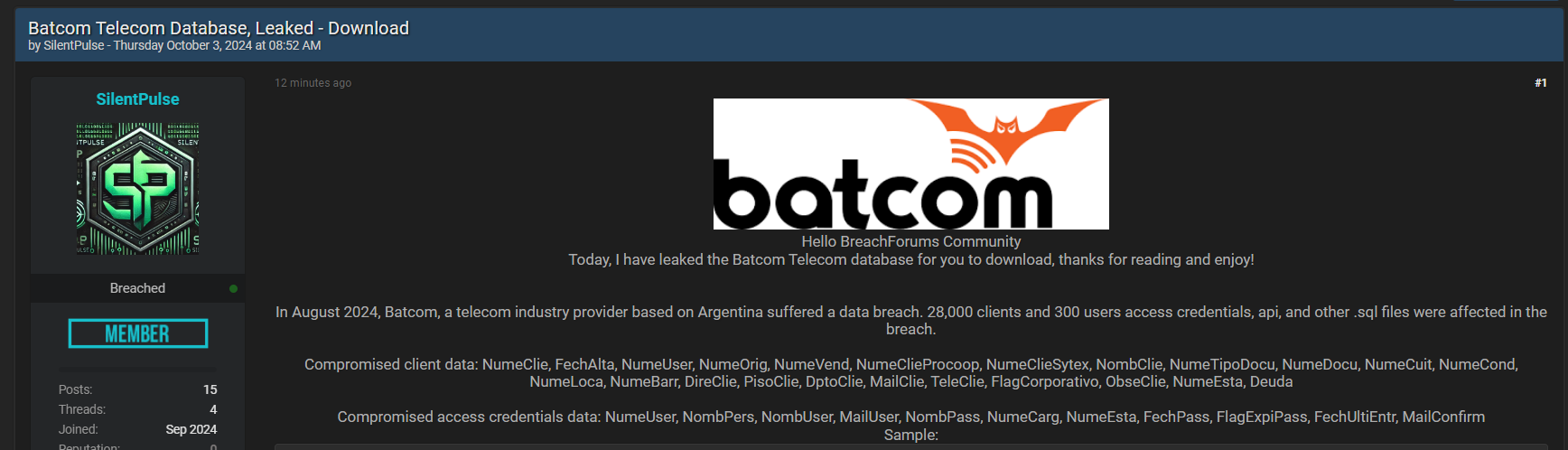 A Threat Actor has Allegedly Leaked the Database of Batcom