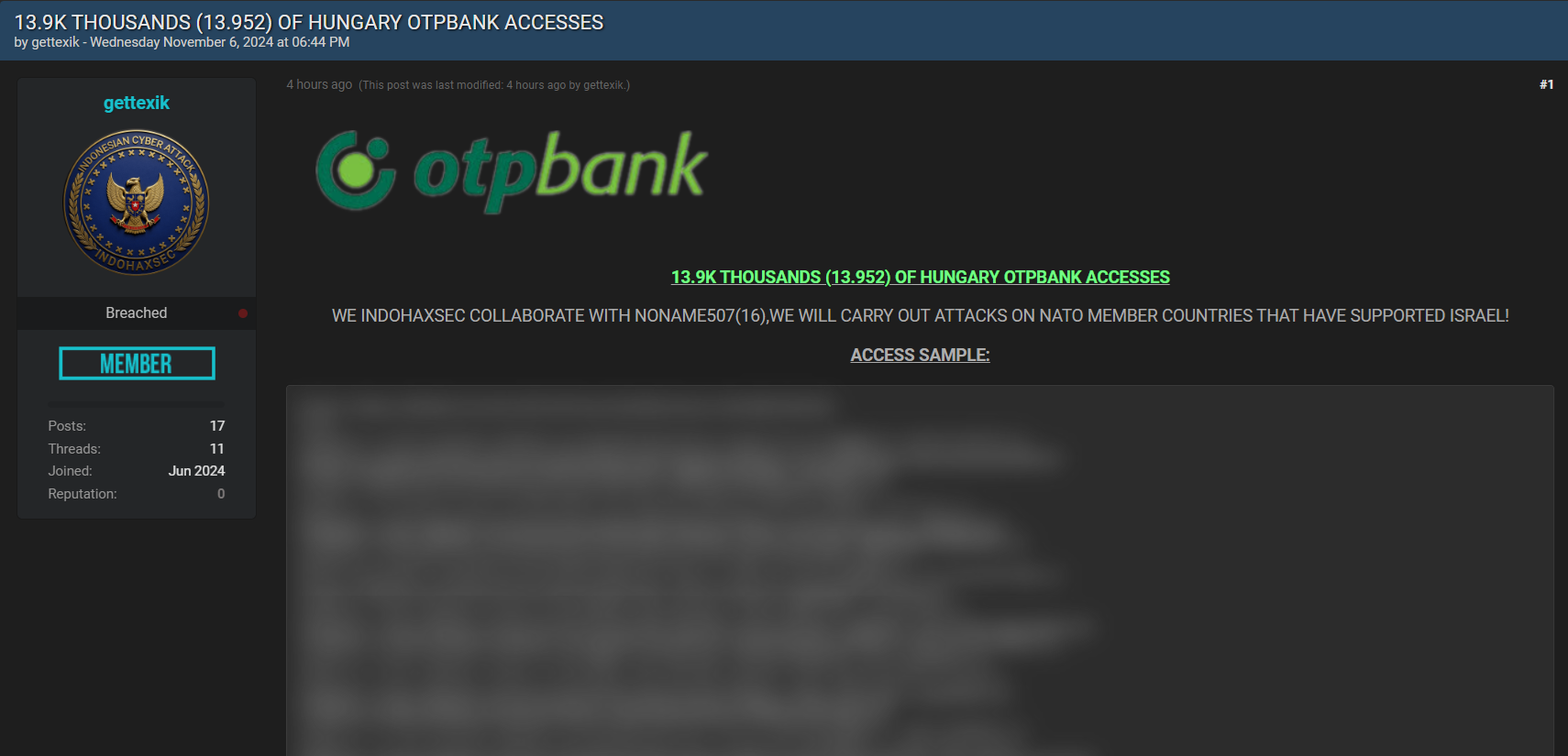 A Threat Actor has Allegedly Leaked Account Access Details of OTP Bank ...