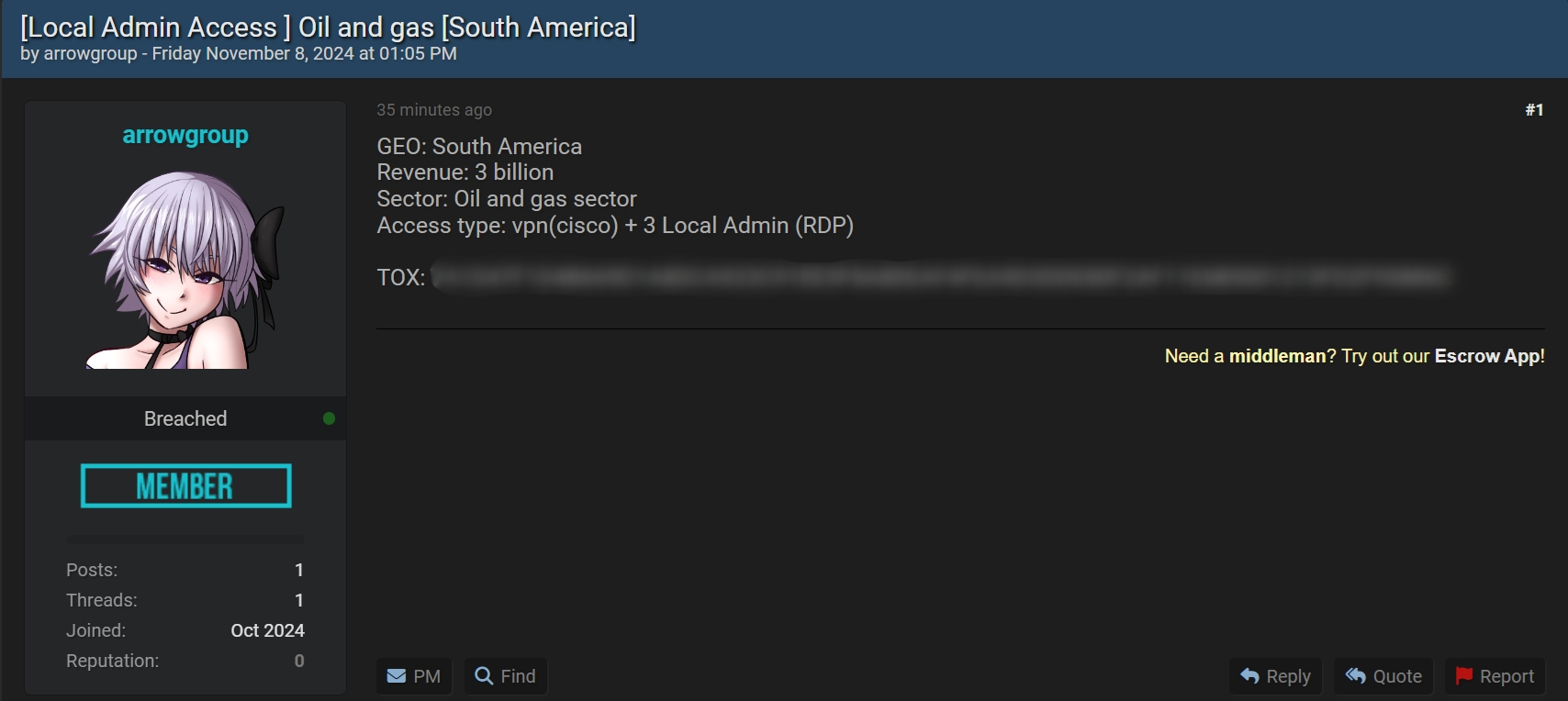 A Threat Actor is Allegedly Selling Access to an Unidentified Oil and ...