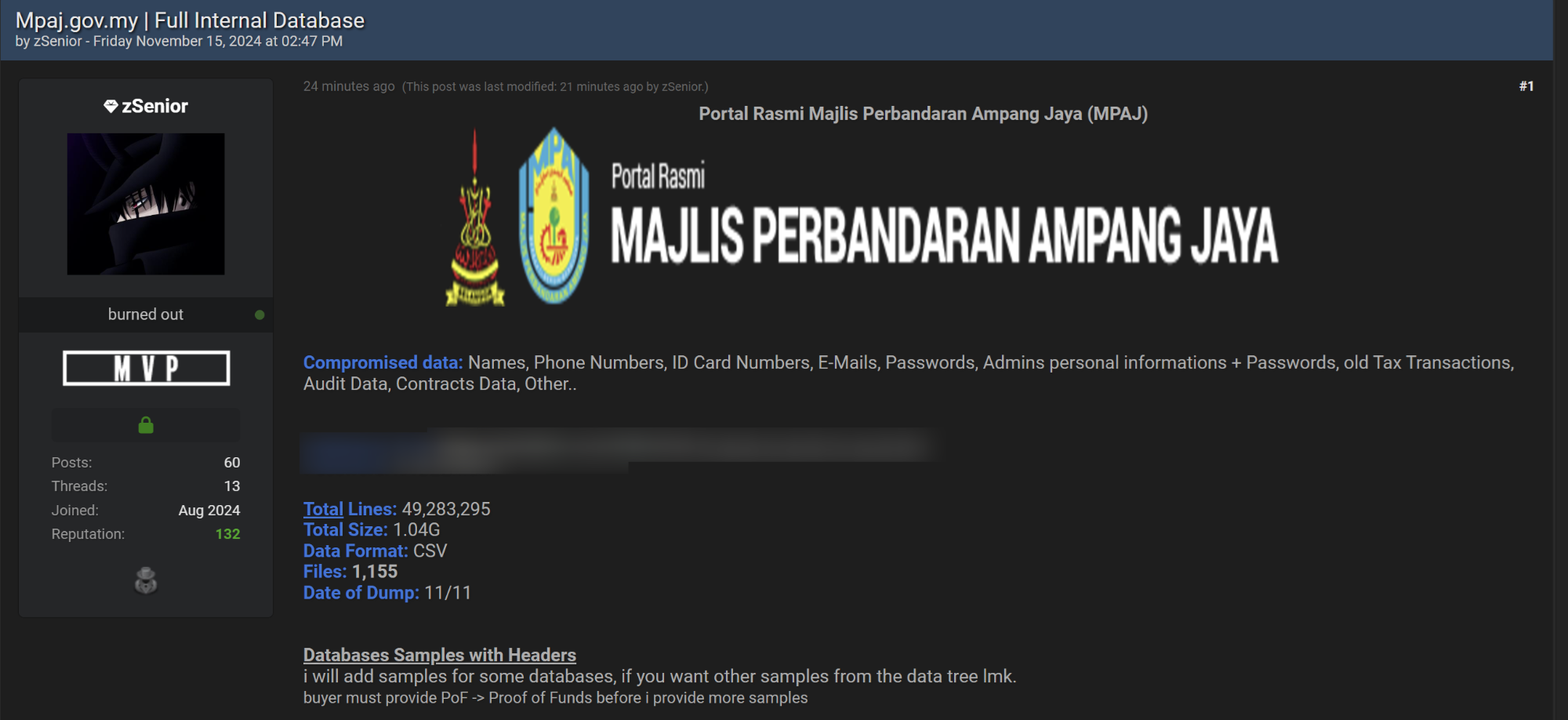 A Threat Actor is Allegedly Selling the Data of Ampang Jaya Municipal ...
