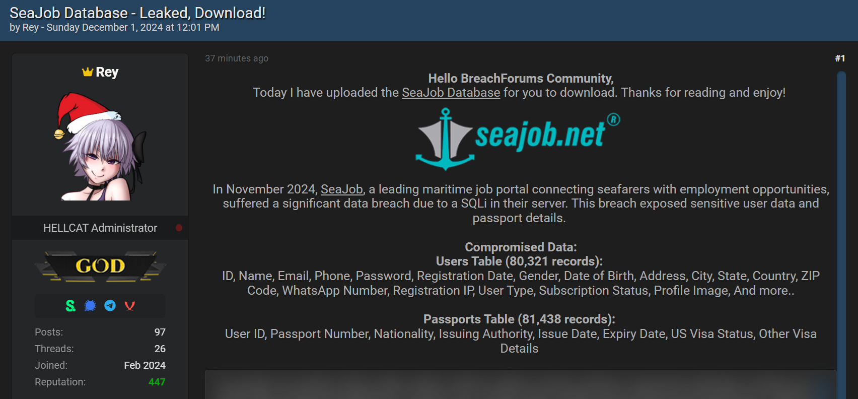 Rey Allegedly Leaked the Data of SeaJob