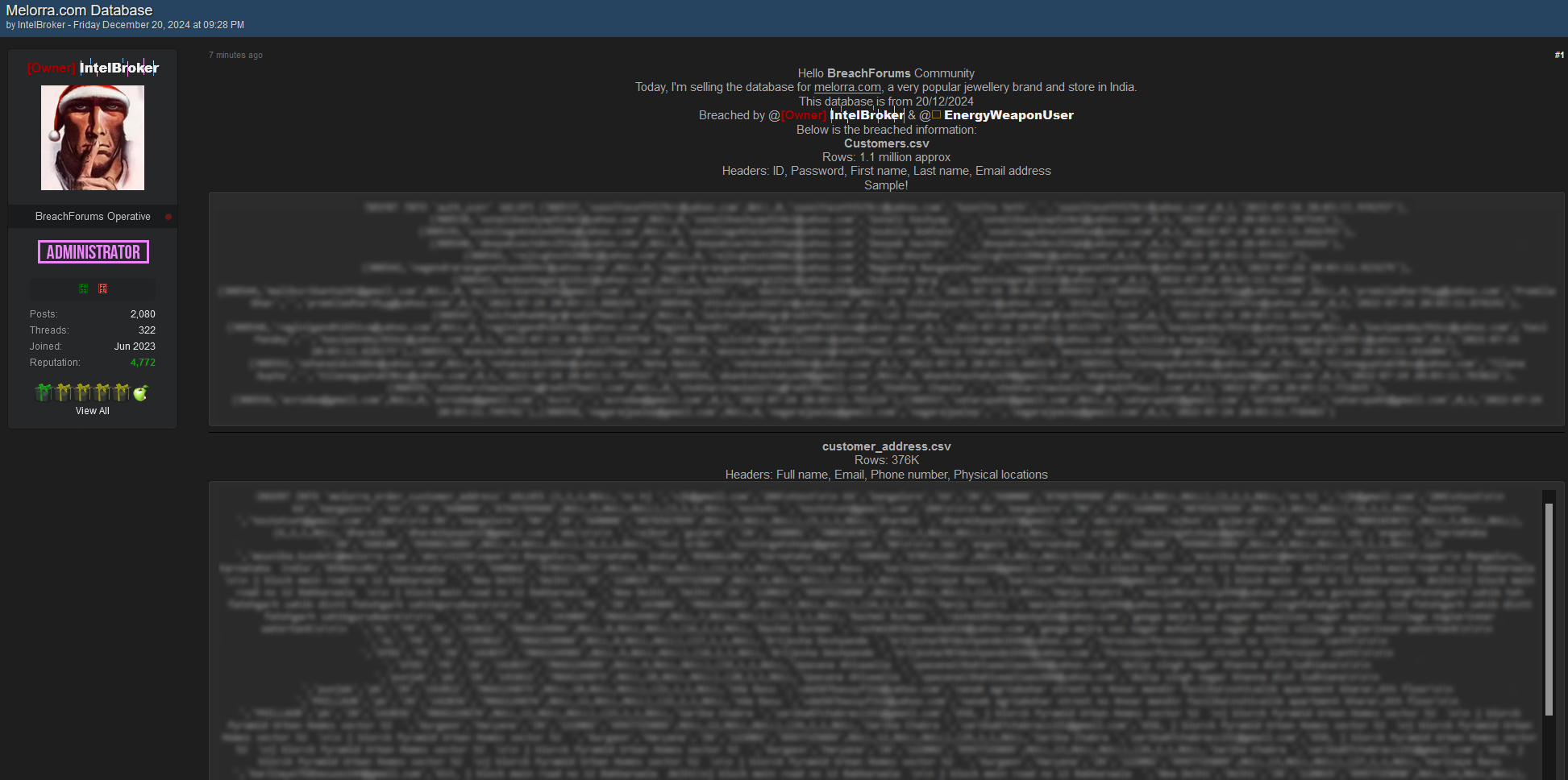 IntelBroker and EnergyWeaponUser Claim to be Selling the Data of Melorra