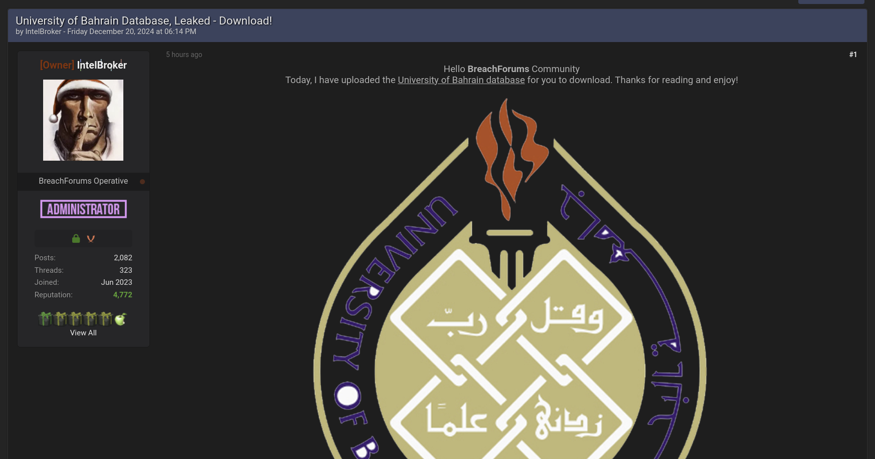 IntelBroker Claims to have Leaked the Data of University of Bahrain