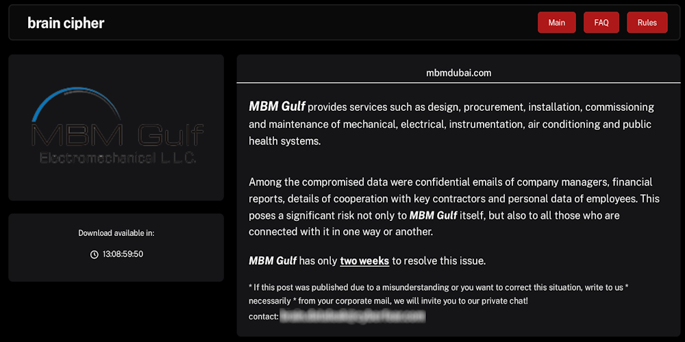 MBM Gulf Electromechanical LLC Has Fallen Victim to Brain Cipher Ransomware