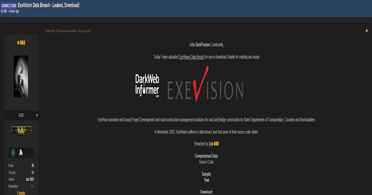 Alleged ExeVision Inc Data Breach and Source Code Exposure
