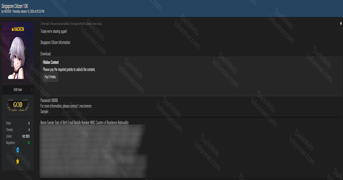Data of 10,000 Singapore Citizens Allegedly Leaked with NRIC Numbers ...