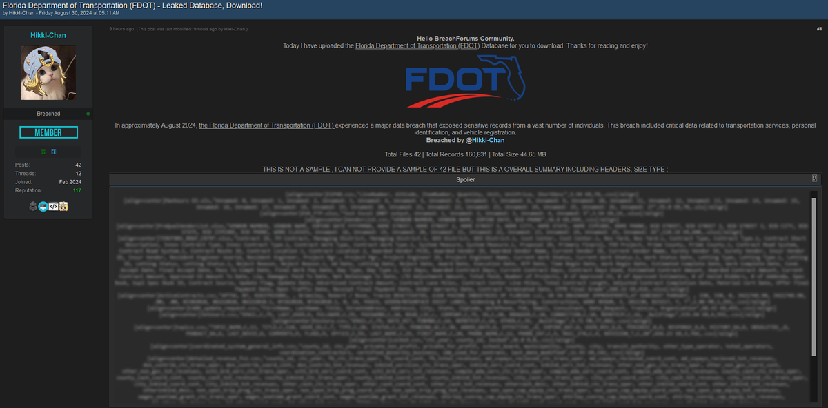 Florida Department of Transportation Database Allegedly Leaked