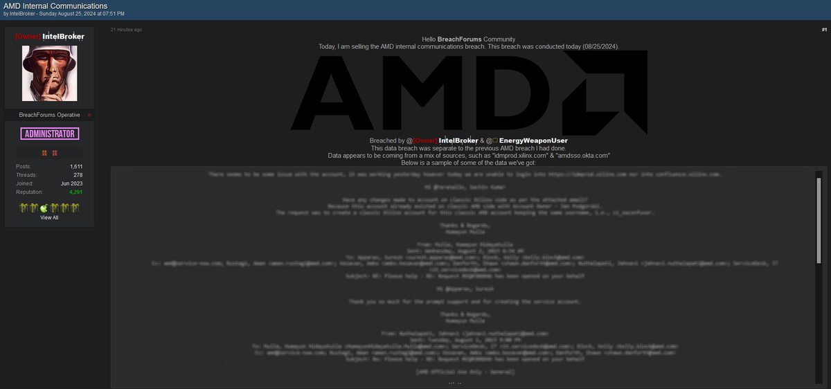 IntelBroker and EnergyWeaponUser are Selling AMD Internal Communications