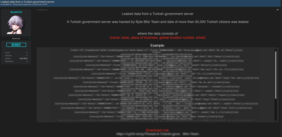 A Threat Actor has Allegedly Leaked Data by Byte Blitz from a Turkish Government Server