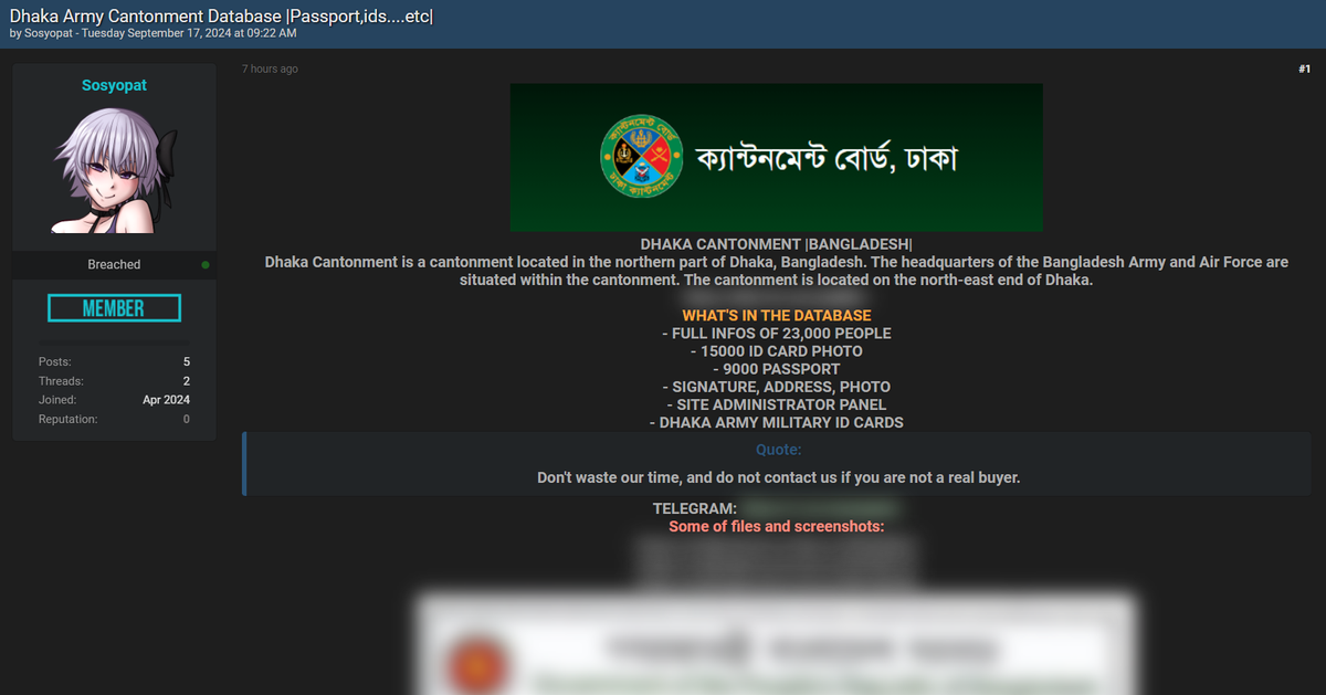 A Threat Actor is Allegedly Selling the Database of Dhaka Cantonment