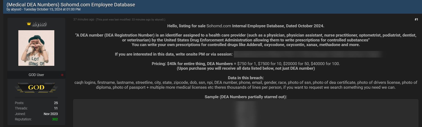 abyss0 is Allegedly Selling SohoMD, PLLC Database