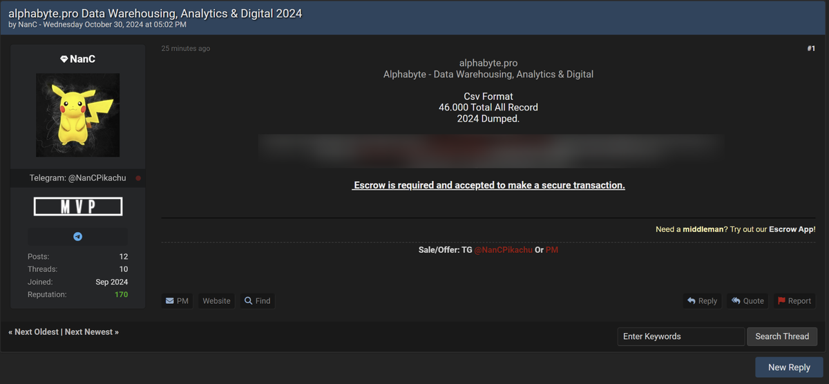 A Threat Actor is Allegedly Selling Data of AlphaByte