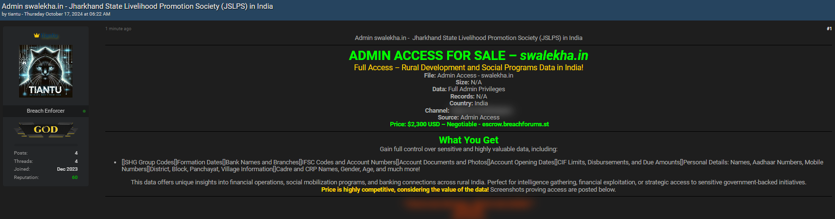 A Threat Actor is Allegedly Selling Admin Access to Swalekha