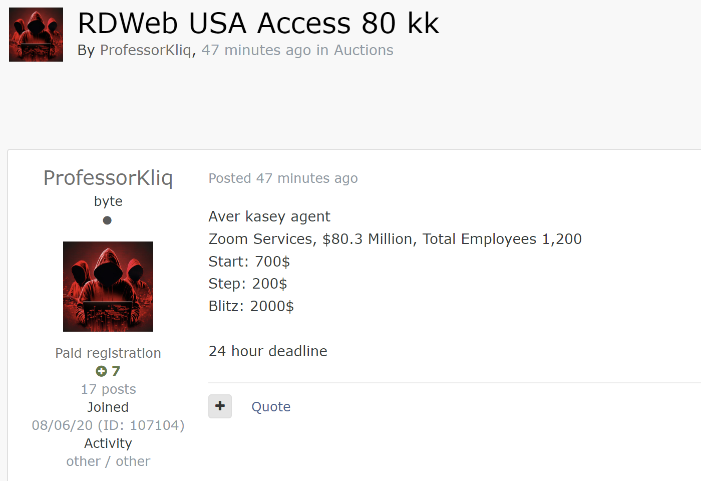 A Threat Actor is Allegedly Selling RDWeb Access of an Unidentified Company in the USA