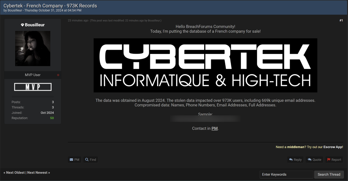 Bousilleur is Allegedly Selling the Data of Cybertek