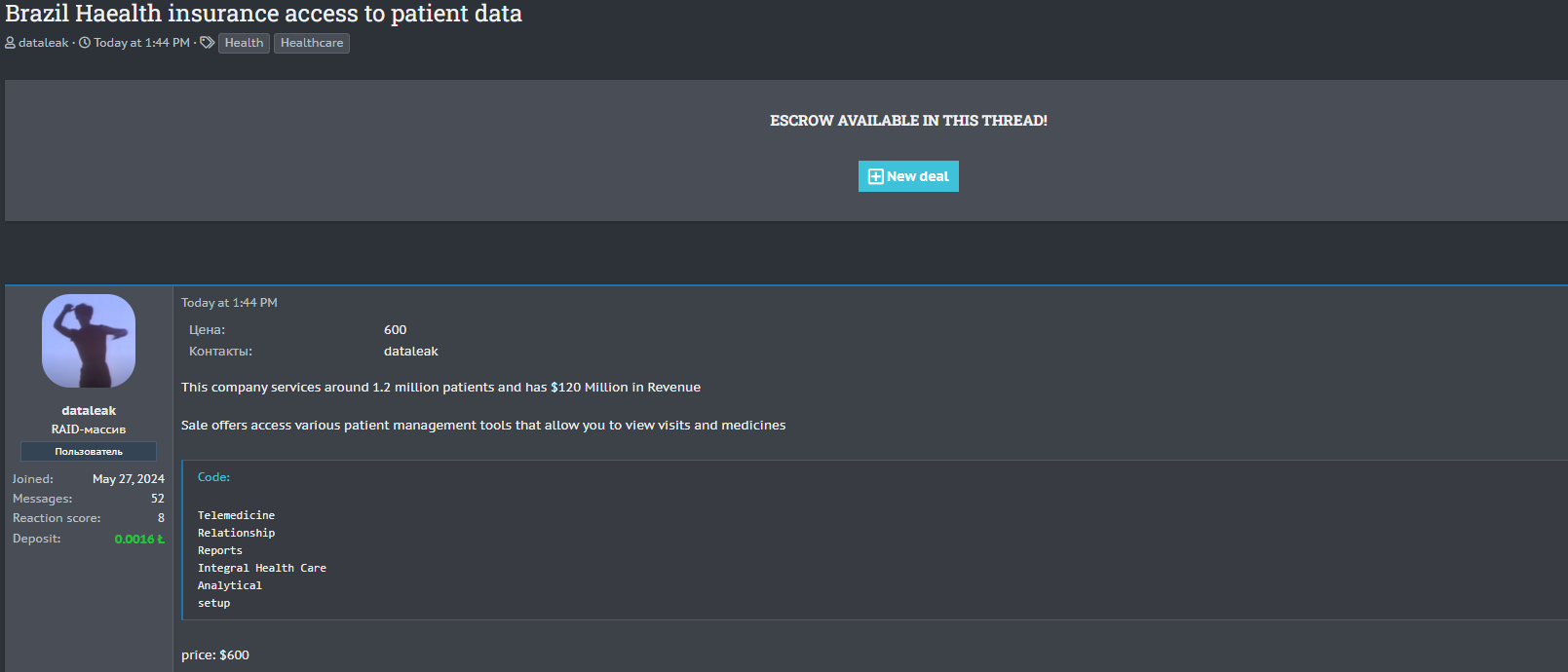 A Threat Actor Claims to be Selling Access to an Unidentified Health ...