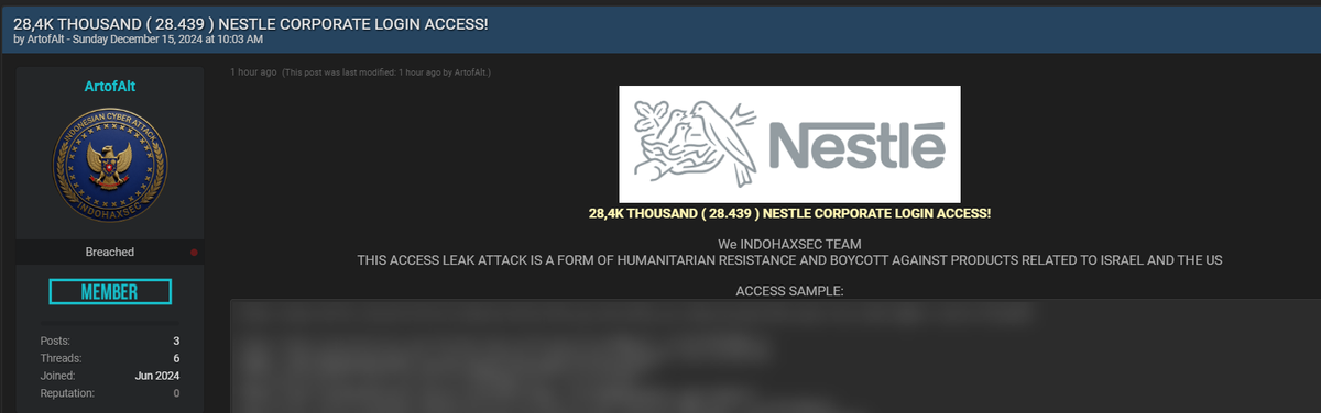 A Threat Actor Claims to have Leaked Login Access to Nestlé